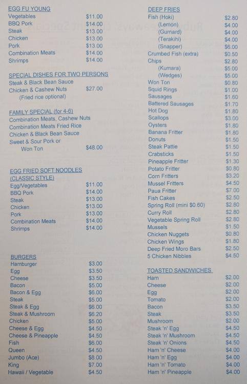 Menu at Ruby Takeaway restaurant, Hamilton
