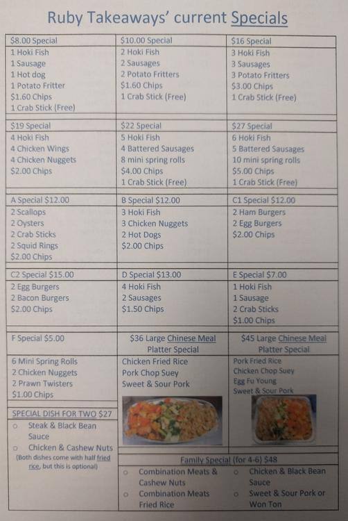 Menu at Ruby Takeaway restaurant, Hamilton