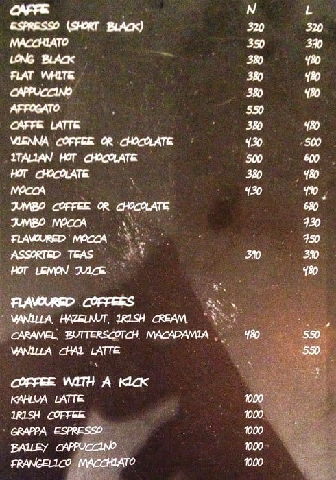 Menu at Adelaide Coffee Bar, Adelaide, 73 Grenfell St