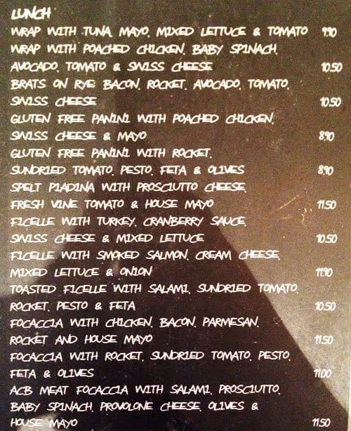 Menu at Adelaide Coffee Bar, Adelaide, 73 Grenfell St