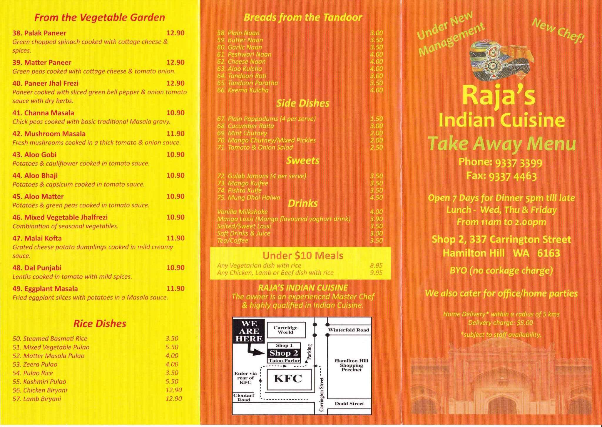 Menu at Raja's restaurant, Hamilton Hill