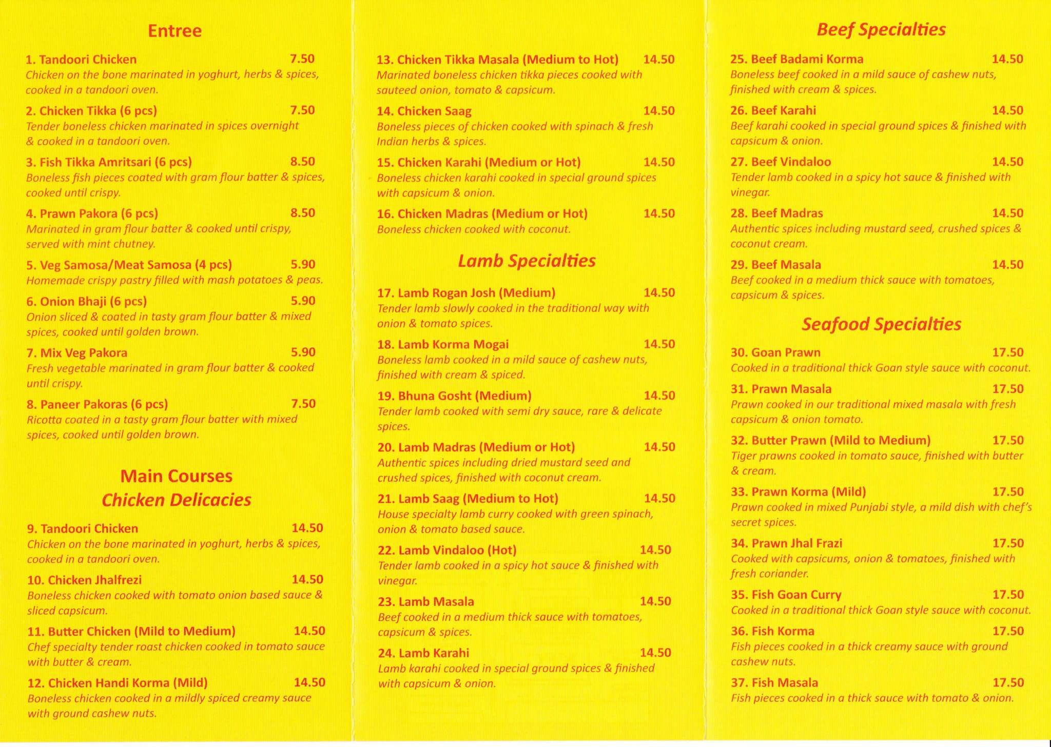Menu at Raja's restaurant, Hamilton Hill