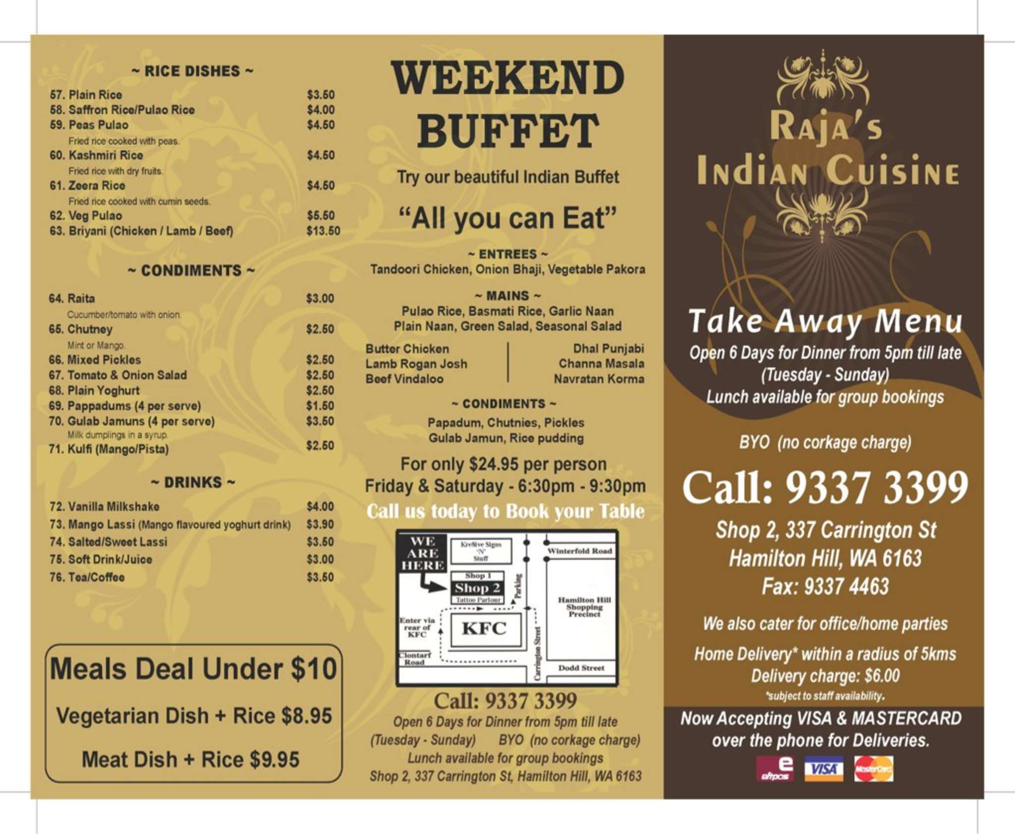 Menu at Raja's restaurant, Hamilton Hill