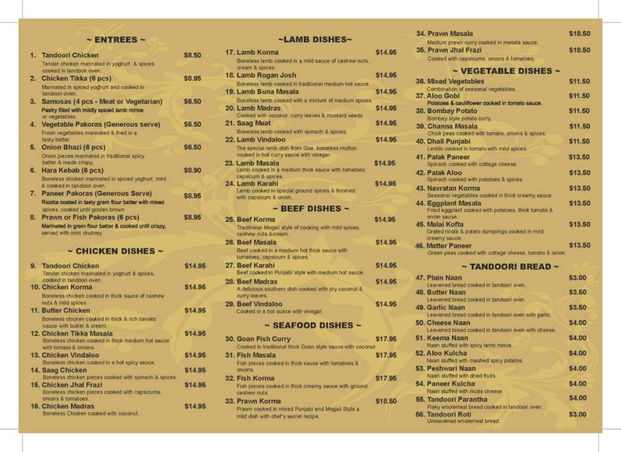 Menu at Raja's restaurant, Hamilton Hill