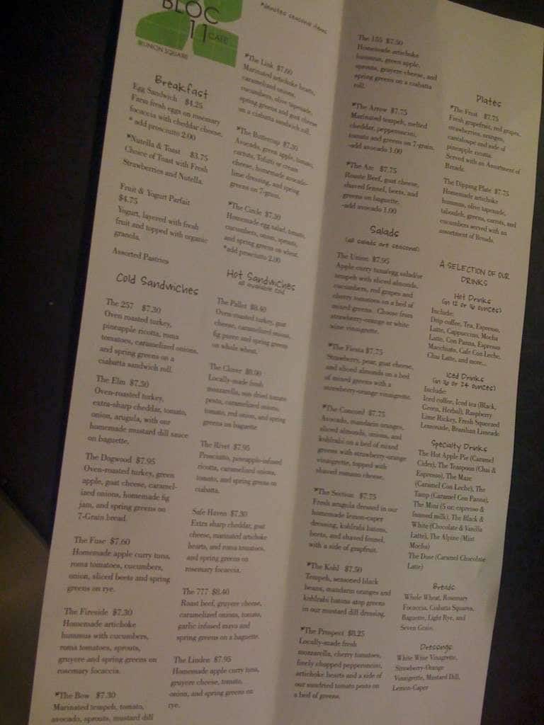 Menu at Bloc Cafe, Somerville