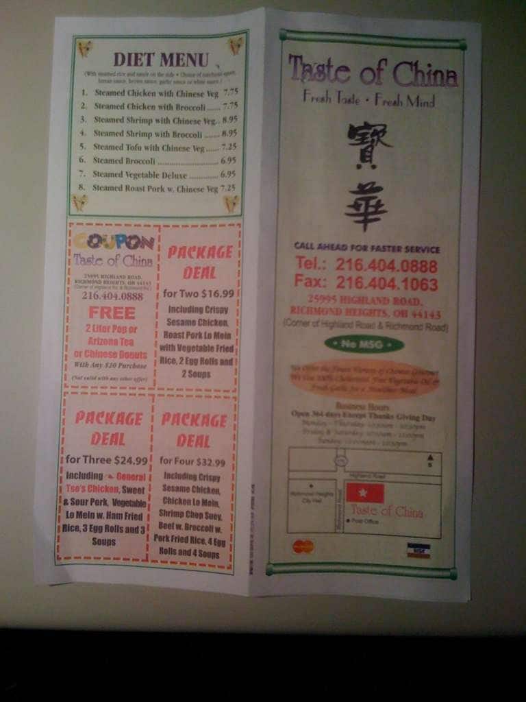 Menu at Taste of China restaurant, Cleveland, 25995 Highland Rd