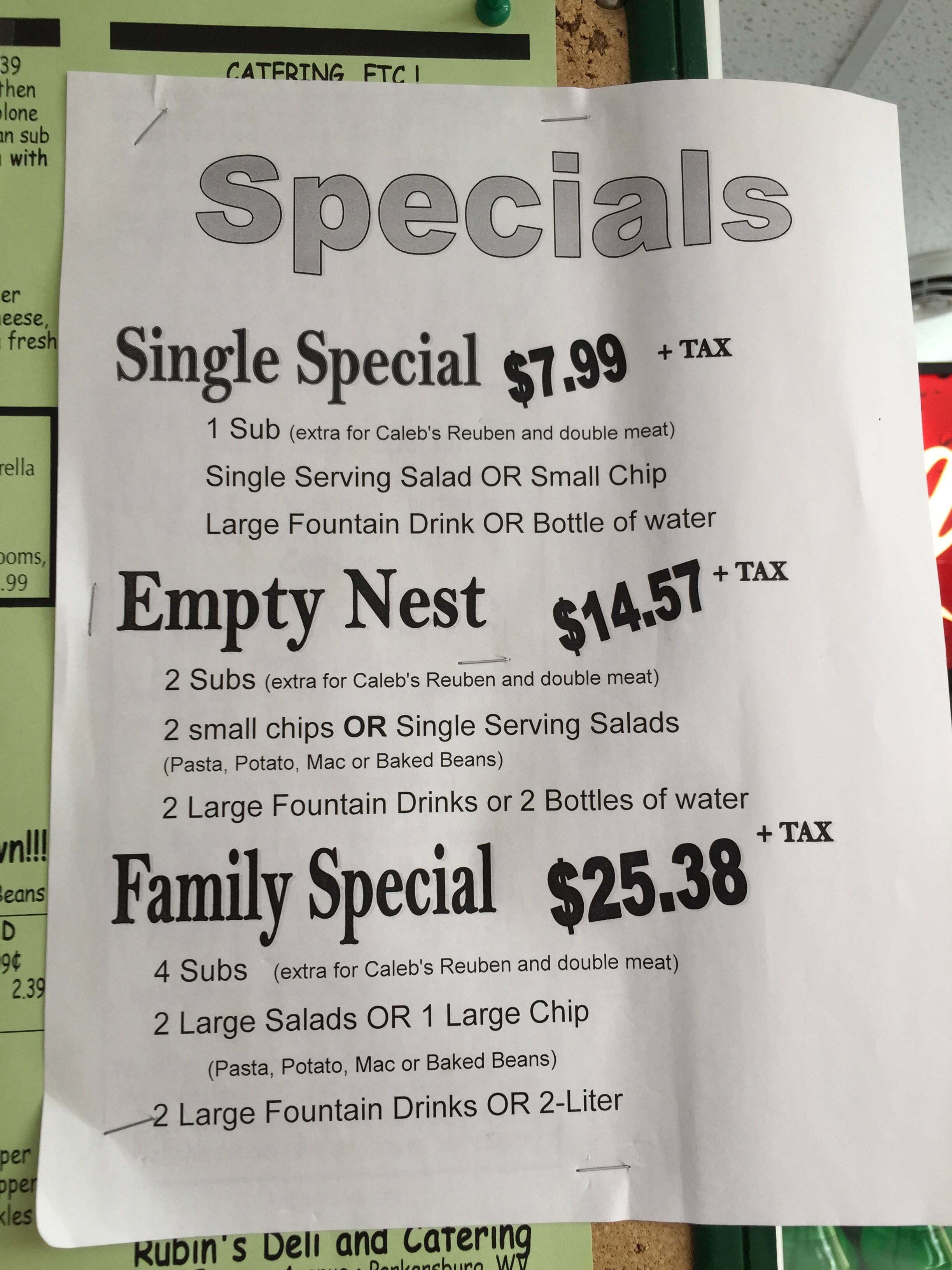 Menu at Rubin's Deli fast food, Parkersburg