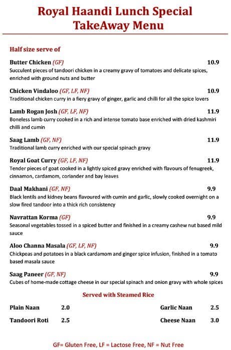 Menu at Royal Haandi restaurant, Stepney
