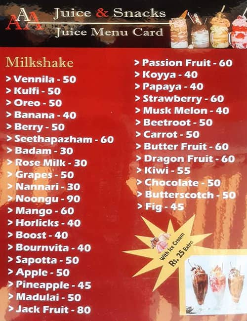 Menu of AAA Juice Point, Madipakkam, Chennai