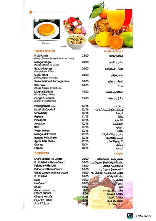 Menu of Shahi Mughal, Al Karama, Dubai