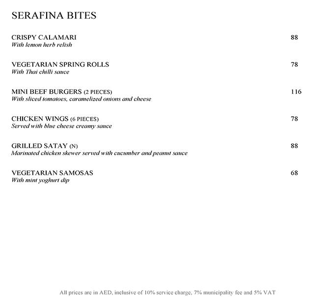 Menu at Serafina cafe, Dubai