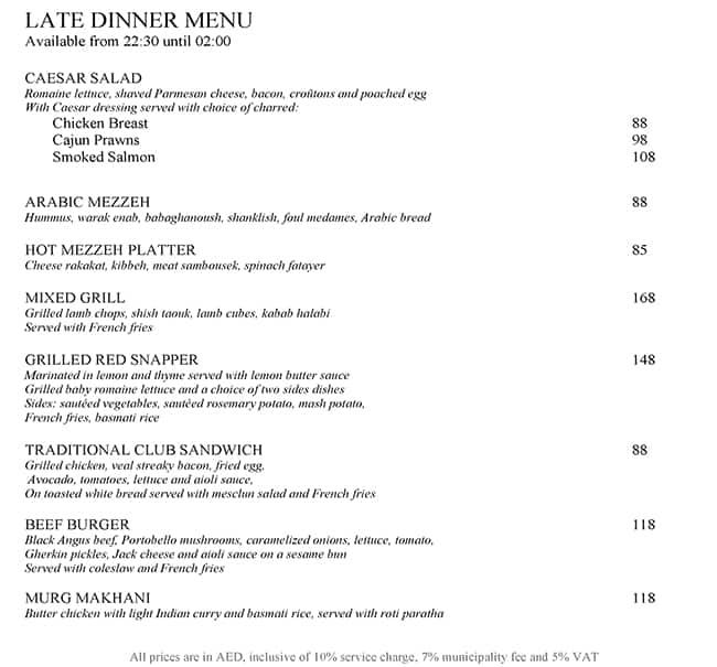 Menu at Serafina cafe, Dubai