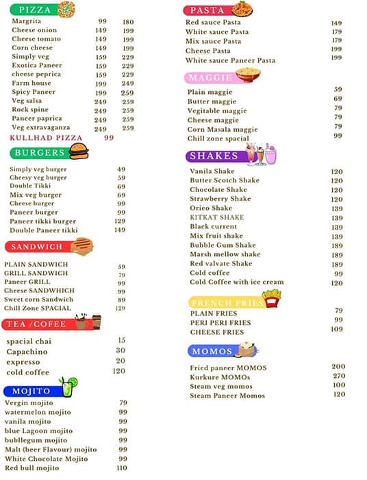 Menu of Chill Zone, Ashok Vihar Phase 2, New Delhi