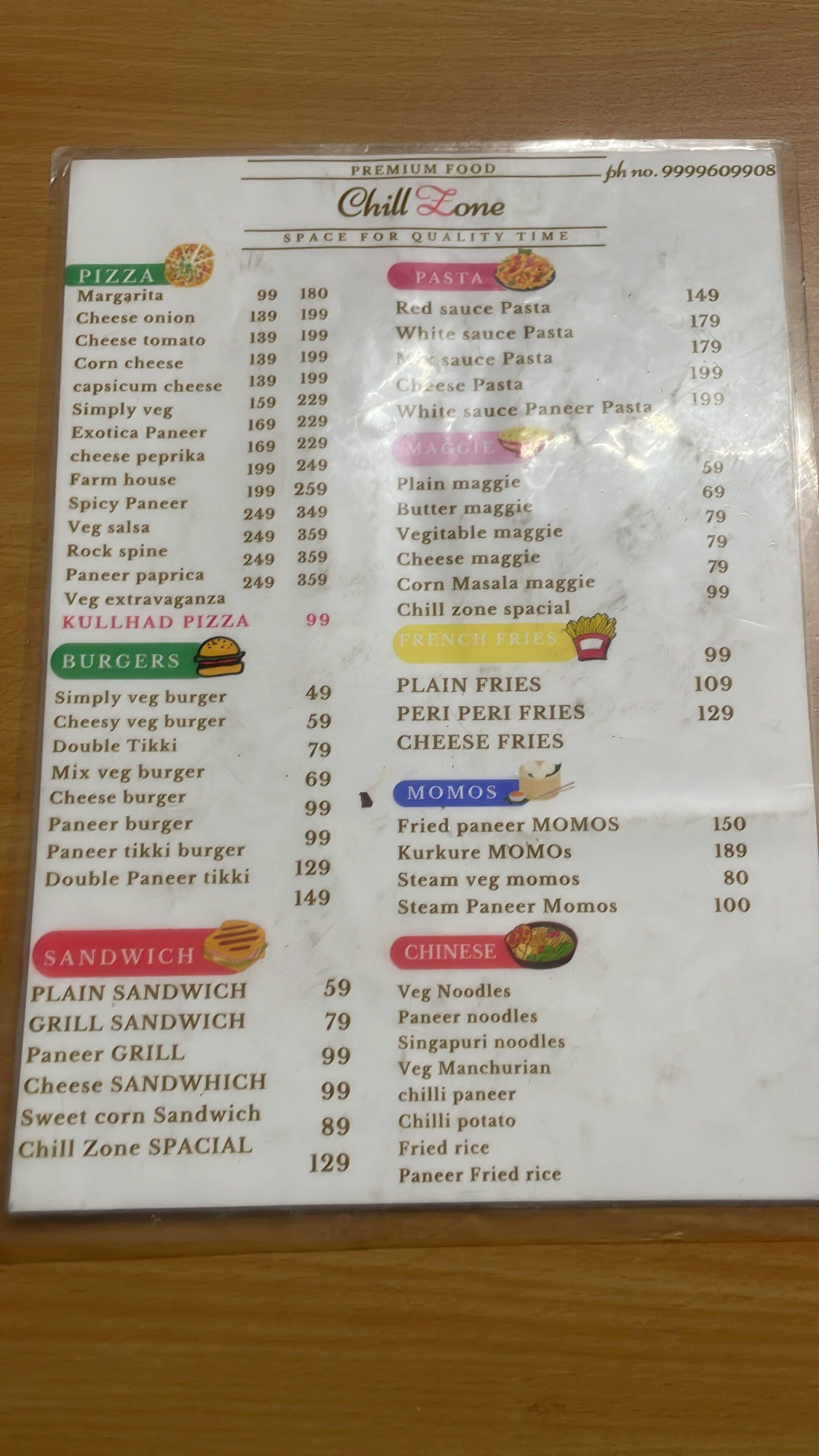 Menu of Chill Zone, Ashok Vihar Phase 2, New Delhi
