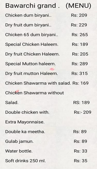 Menu of Bawarchi Grand, Himayath Nagar, Hyderabad