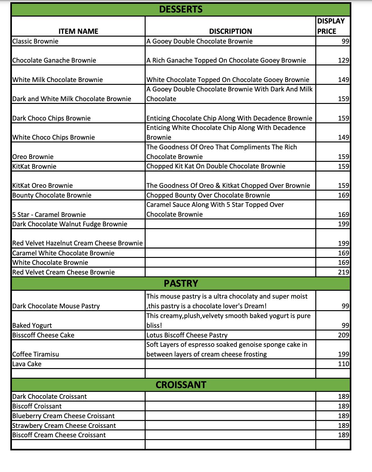 Menu of Brownie Bakery, Sakinaka, Mumbai