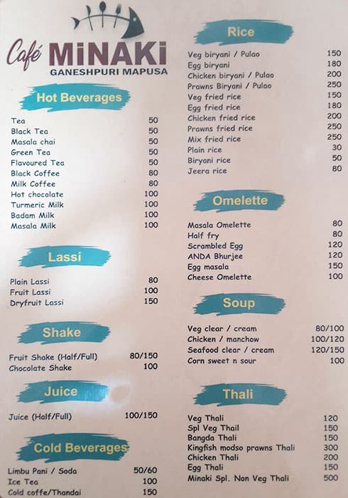 Menu of Minaki Cafe, Mapusa, Goa