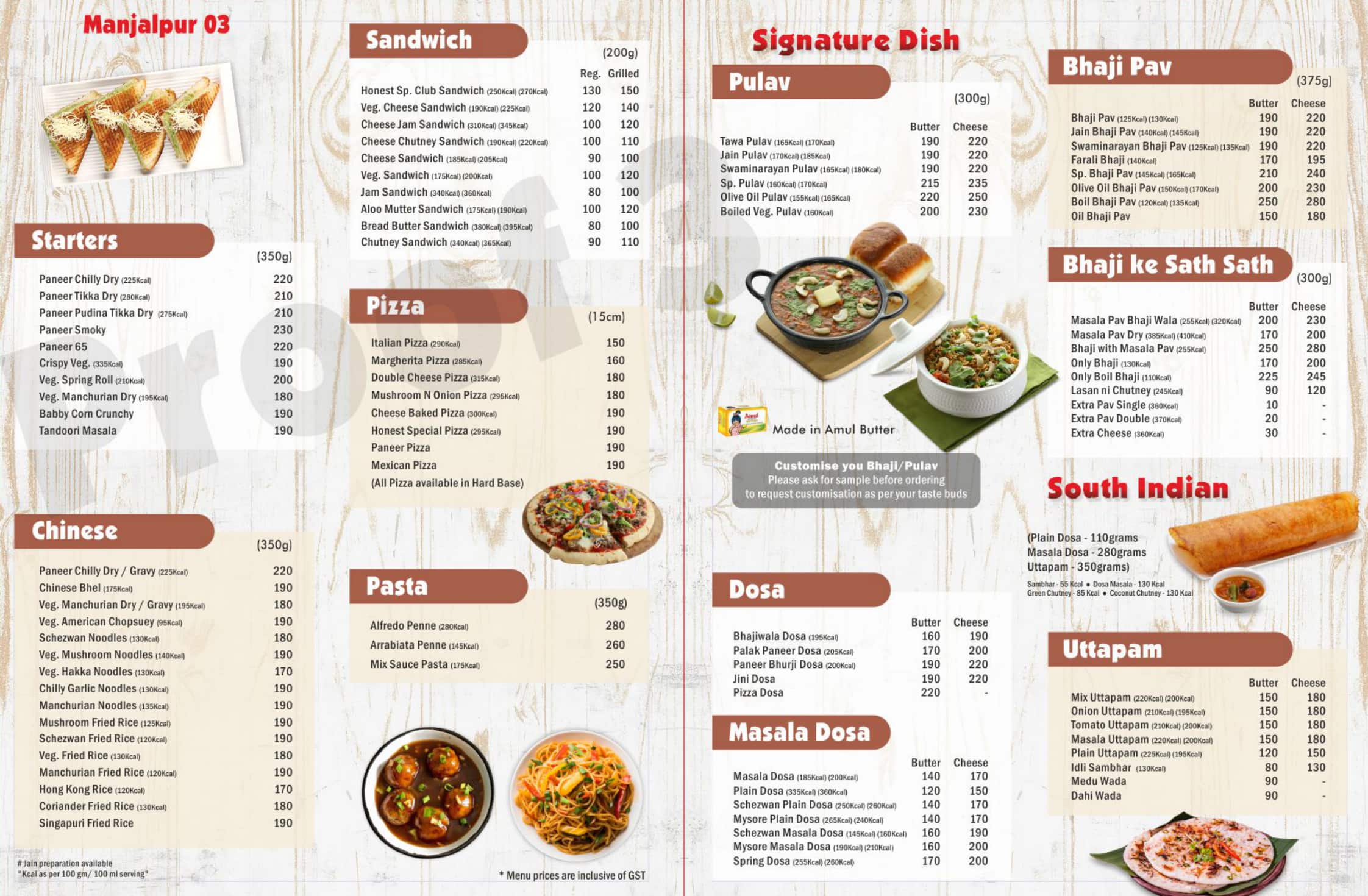Menu of Honest, Manjalpur, Vadodara