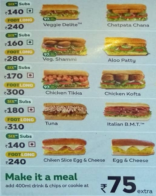 Menu of Subway, Sahid Nagar, Bhubaneshwar