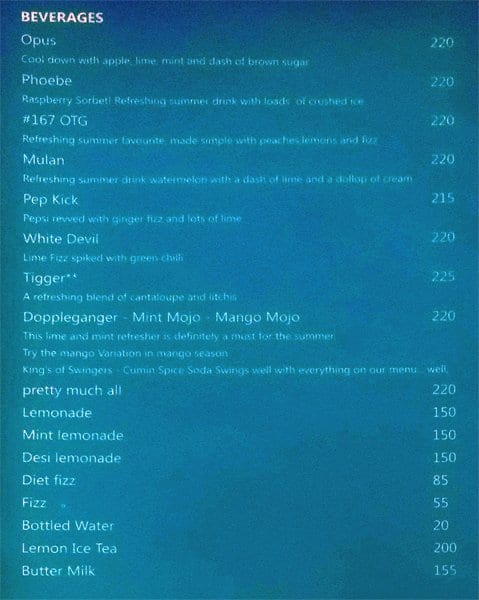 Menu of On The Go, Race Course, Coimbatore