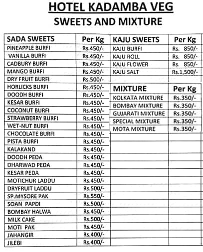 Menu at Kadamba Sweets, Bengaluru
