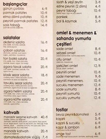 Menu at Manastır Cafe zeytinburnu, Istanbul