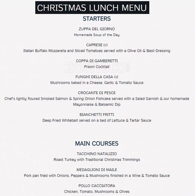 Carta del restaurante Tarantino, Hornchurch