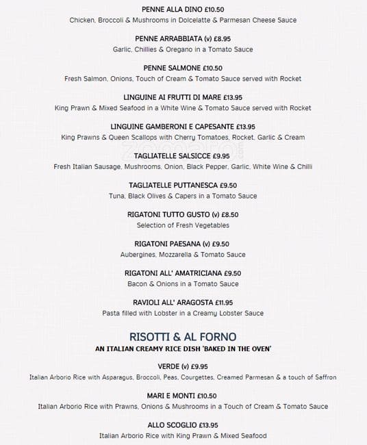 Menu at Tarantino restaurant, Hornchurch