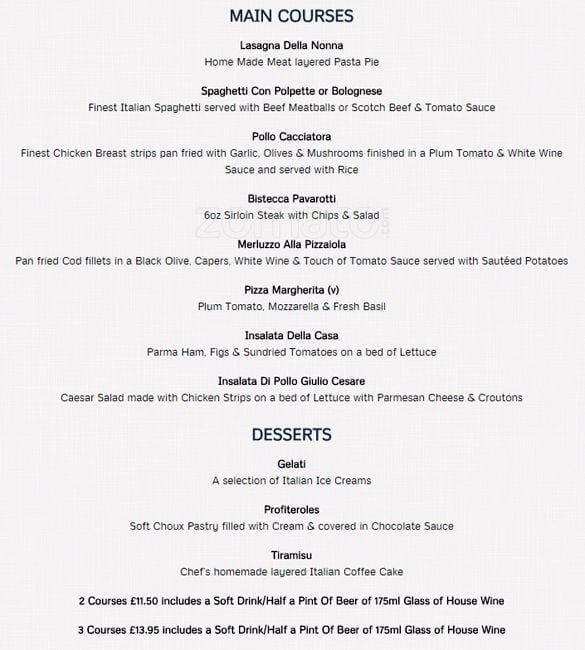 Menu at Tarantino restaurant, Hornchurch