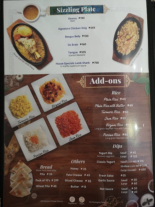 Menu at Persia Grill restaurant, Makati, Valero Street