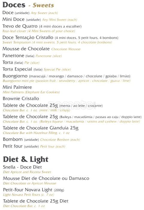 Menu at Cristallo cafe, São Paulo, Av. Diógenes Ribeiro de Lima 2282 lj 13
