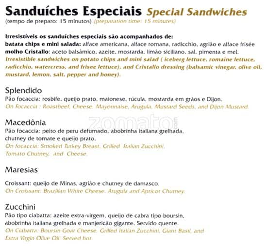 Menu at Cristallo cafe, São Paulo, Av. Diógenes Ribeiro de Lima 2282 lj 13