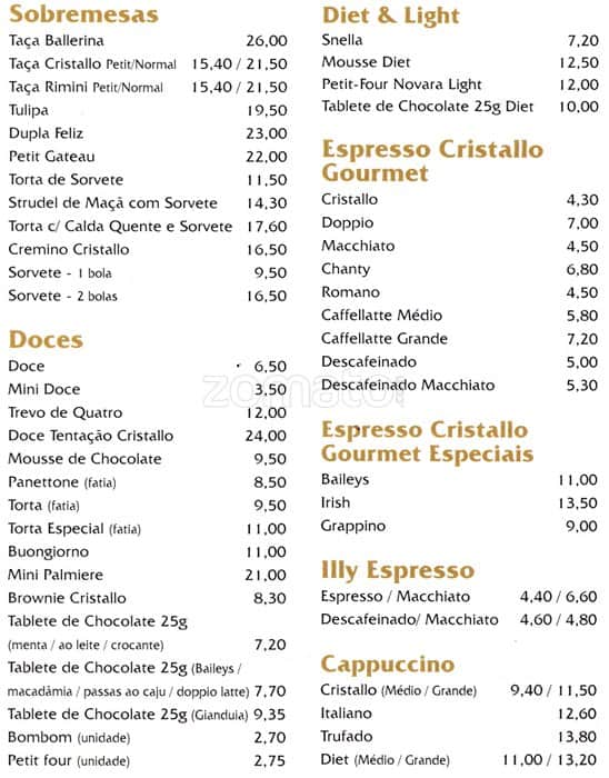 Menu at Cristallo cafe, São Paulo, Av. Diógenes Ribeiro de Lima 2282 lj 13