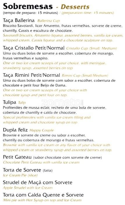 Menu at Cristallo cafe, São Paulo, Av. Diógenes Ribeiro de Lima 2282 lj 13