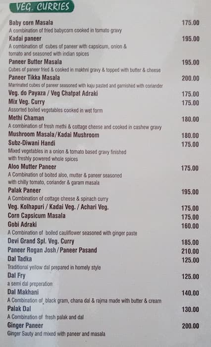 Menu at Hotel Devi Grand, Hyderabad, Moosapet 'X' Roads