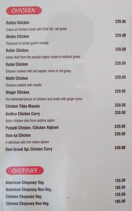 Menu at Hotel Devi Grand, Hyderabad, Moosapet 'X' Roads