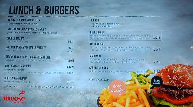 Menu at Moose Bar & Cafe, South Yarra