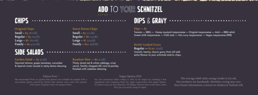 Menu at Schnitz Geelong fast food, Geelong