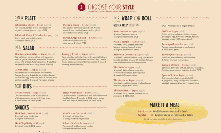 Menu at Schnitz Geelong fast food, Geelong