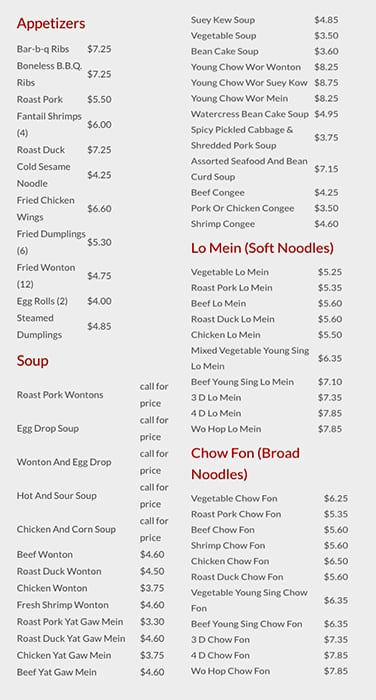 Menu at Wo Hop restaurant, New York City, 17 Mott St