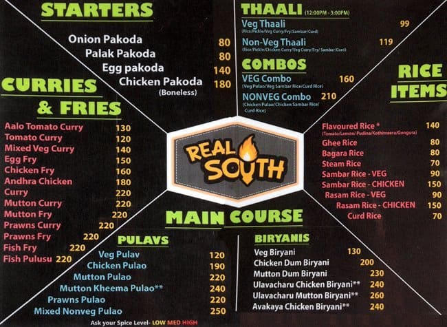 Menu at southern express, Hyderabad, The Alley