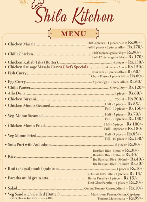 Menu of Shila Kitchen, Tangra, Kolkata