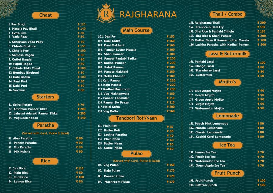Menu of Rajgharana, Attapur, Hyderabad
