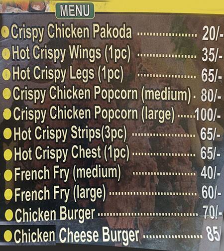 Menu of RFC Royal Fried Chicken, Dum Dum, Kolkata