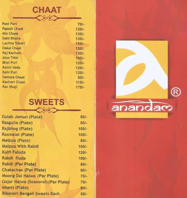 Menu at Anandam, Dehradun, Krishna Tower