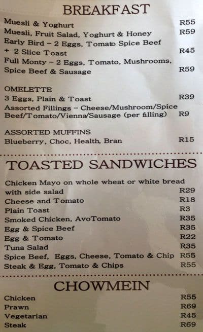 Menu at Suraya's restaurant, Cape Town