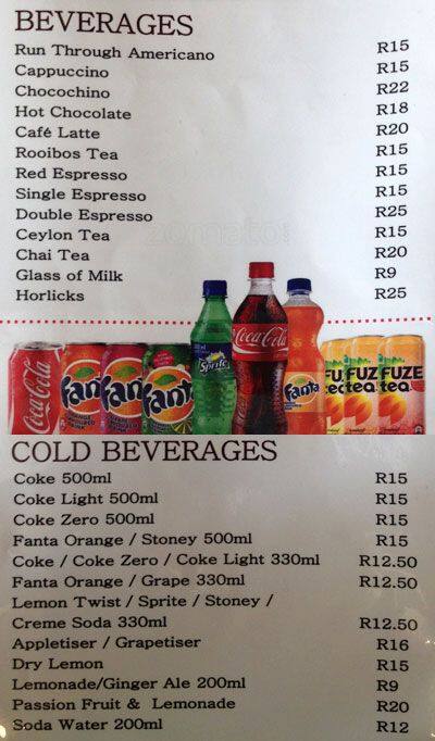 Menu at Suraya's restaurant, Cape Town