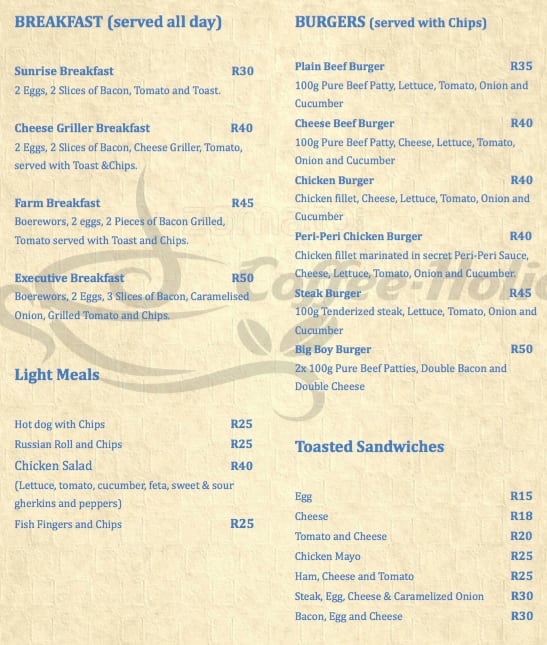 Menu at 5th On Street cafe, Cape Town