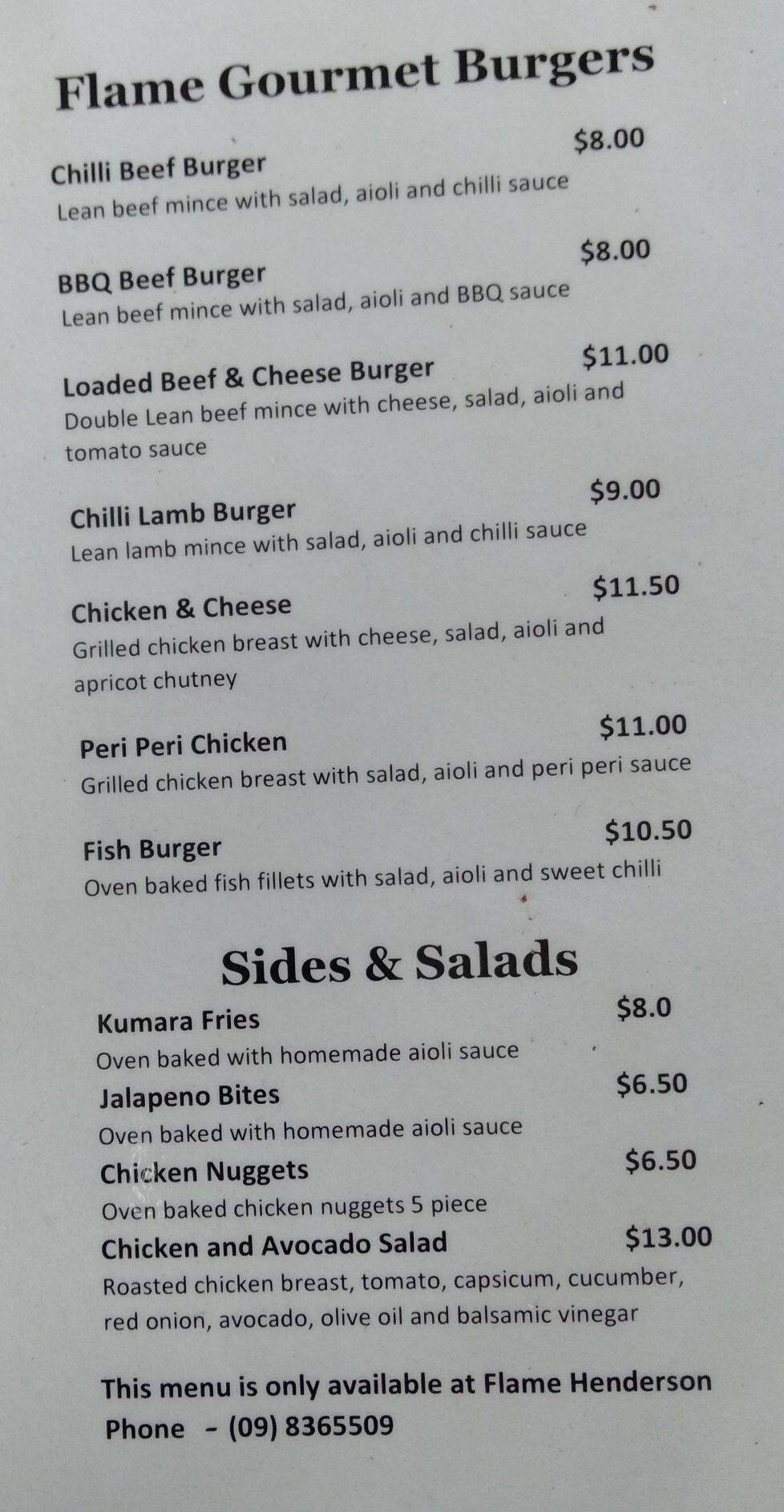 Menu at Flame Pizza restaurant, Auckland, 301 Lincoln Rd