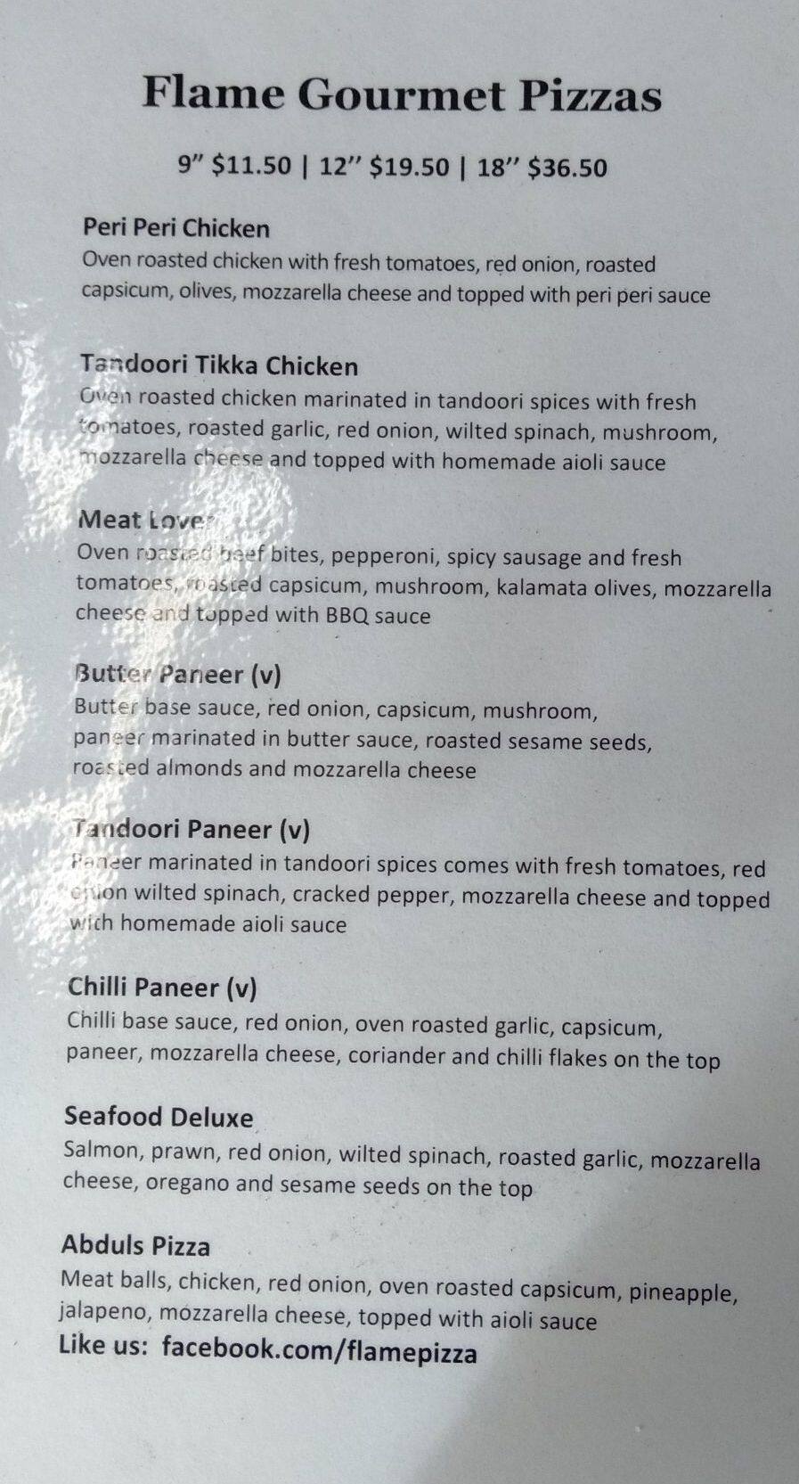 Menu at Flame Pizza restaurant, Auckland, 301 Lincoln Rd